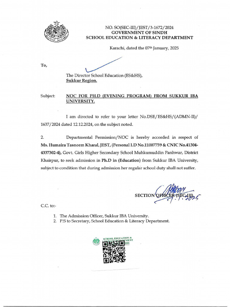 Letter To DSE ESHS Sukkur Regarding NOC For PHD (Evening Program) From Sukkur IBA University in ...