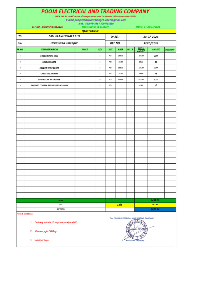 Pooja Electrical and Trading Company: Quotation SML Plastocraft LTD ...