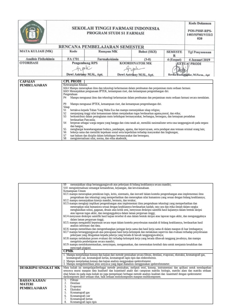 RPS MK Analisis Fisikokimia | PDF