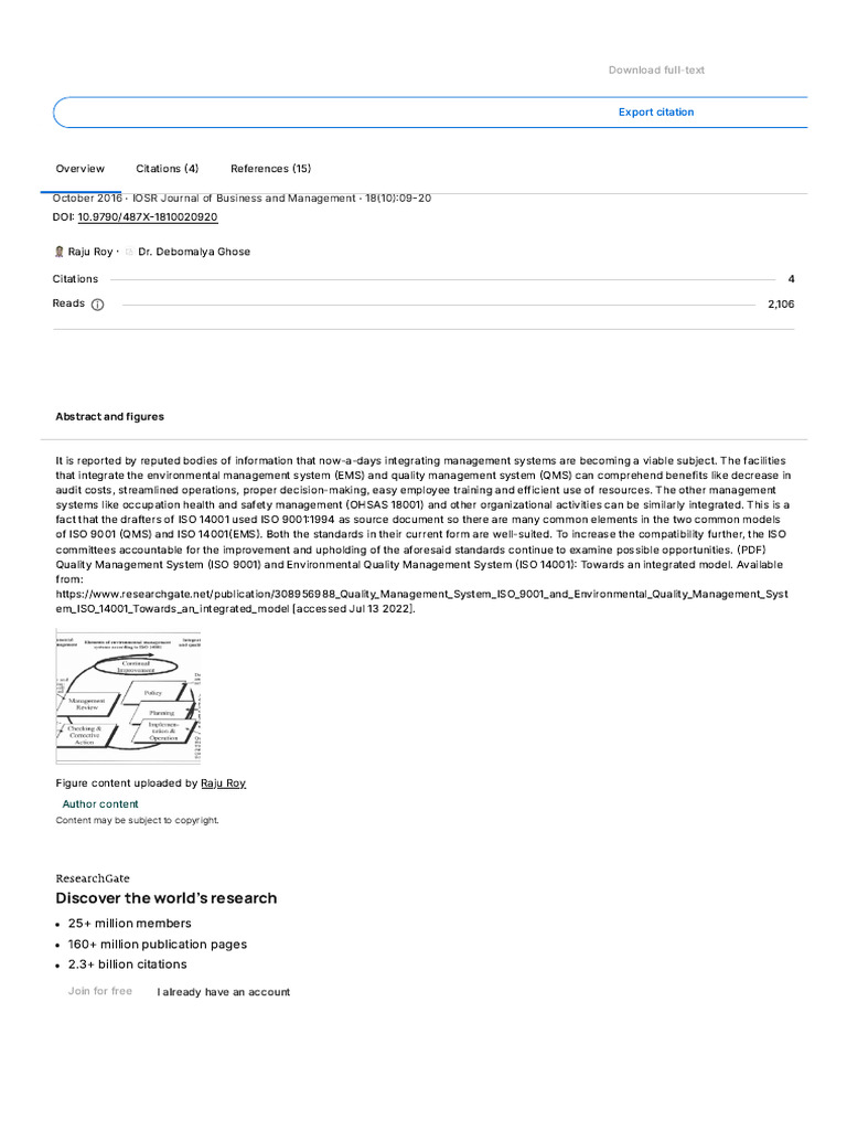 Quality Management Sstem (ISO 9001) and Environmental Quality Management System (ISO 14001 ...