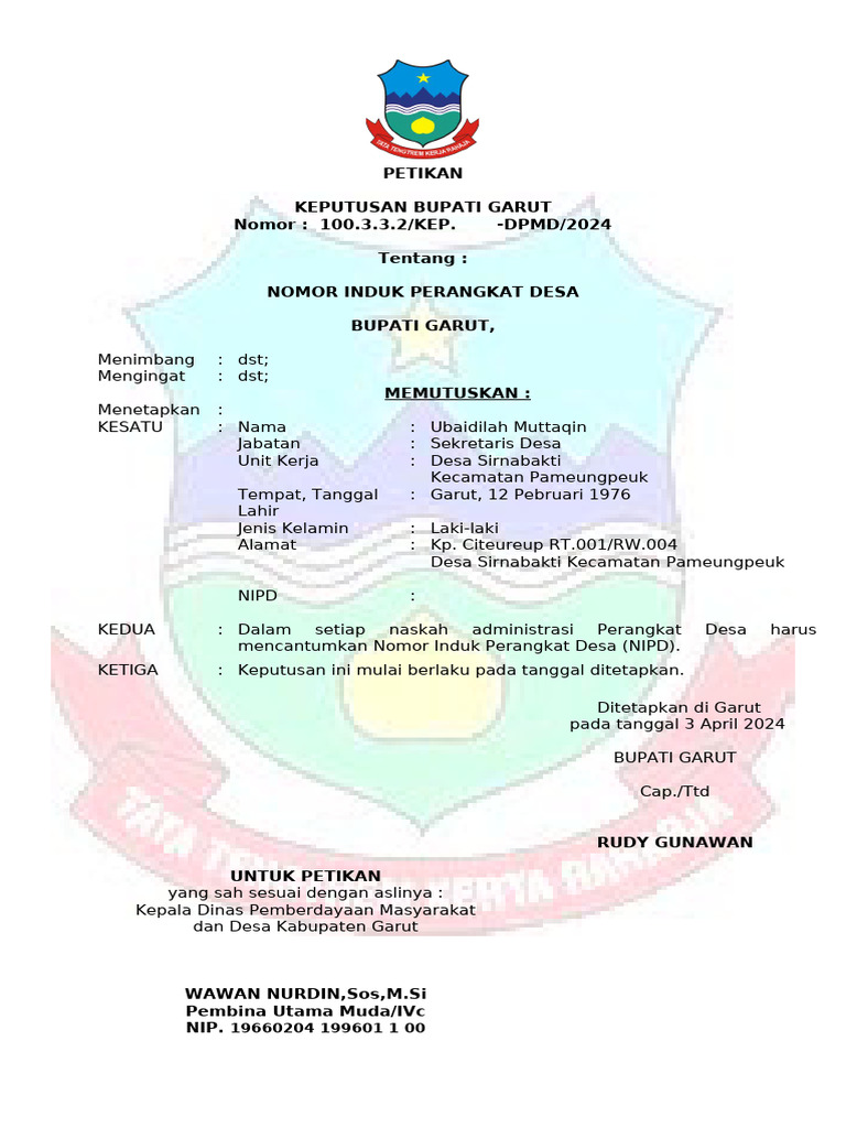 DRAFT PETIKAN SK NIPD2024 Pak RUDY GUNAWAN | PDF