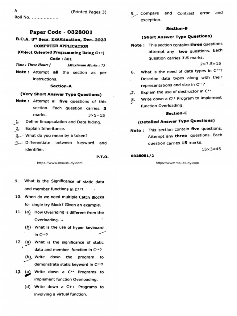 Bca 3 Sem Computer Application Object Oriented Programming Using Cpp
