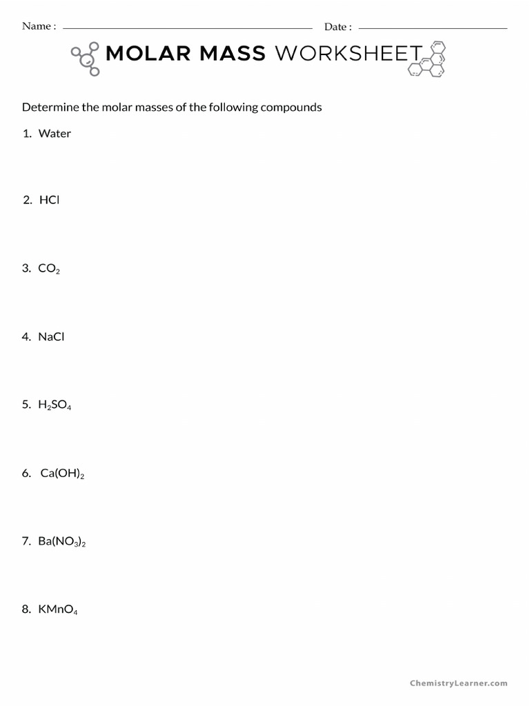 Molar Mass Worksheet and Key Answer Key | PDF