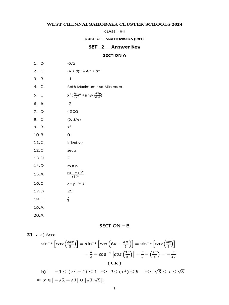 XII - Math ANSWER KEY SET 2 WCSC XII XXX | PDF | Applied Mathematics | Mathematical Analysis