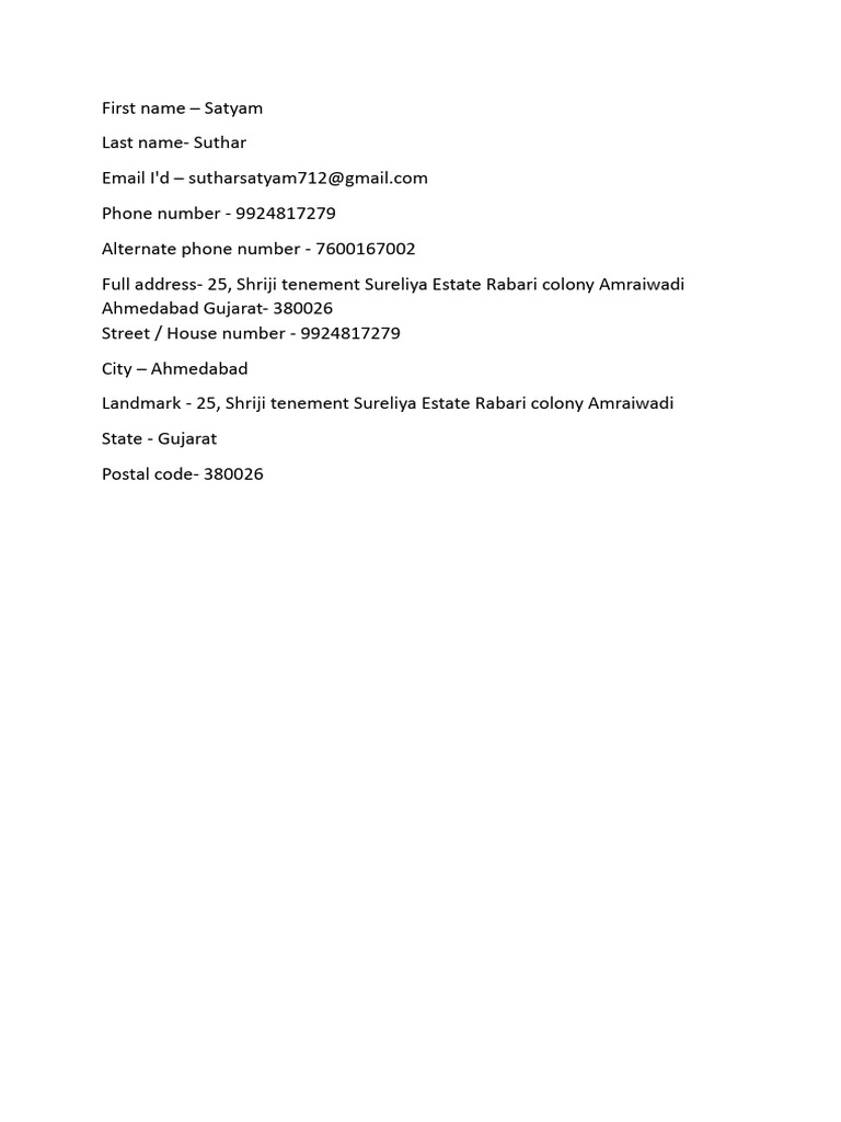 Contact Information for Satyam Suthar | PDF