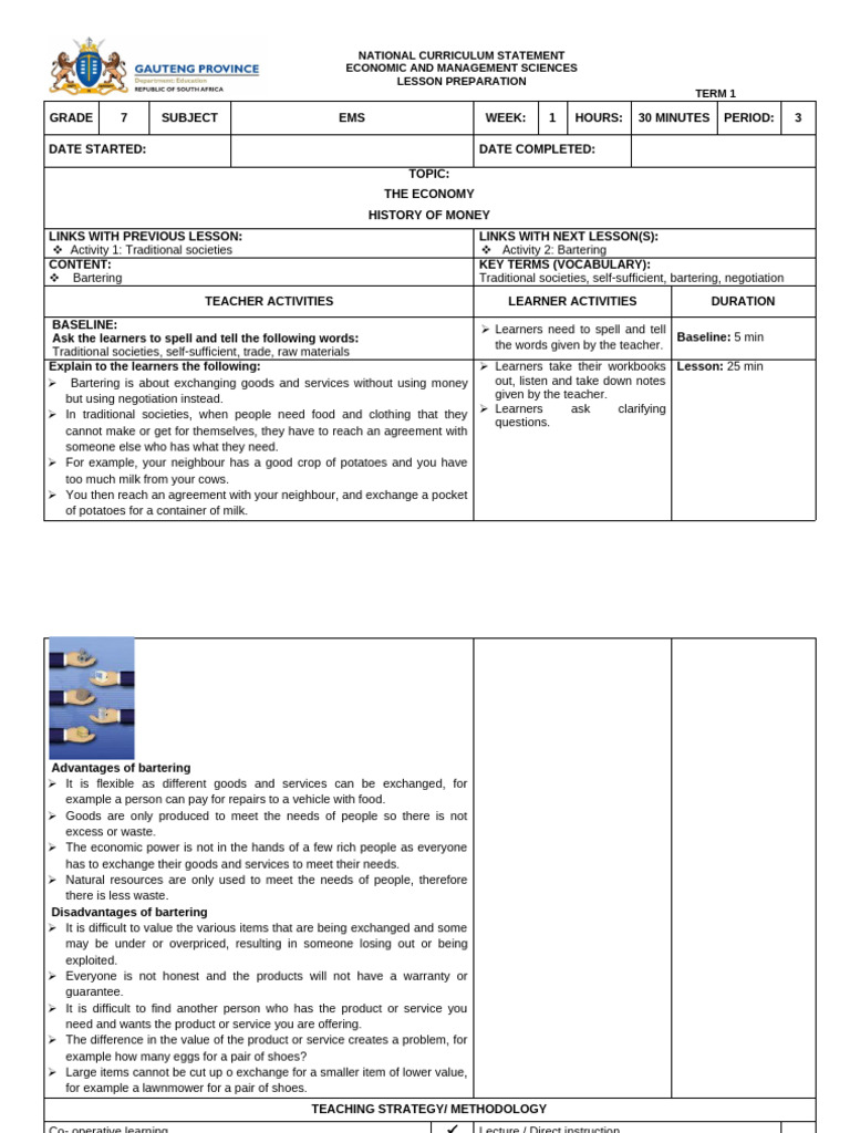 Week 1 Lesson Plan 3 | PDF | Barter | Learning