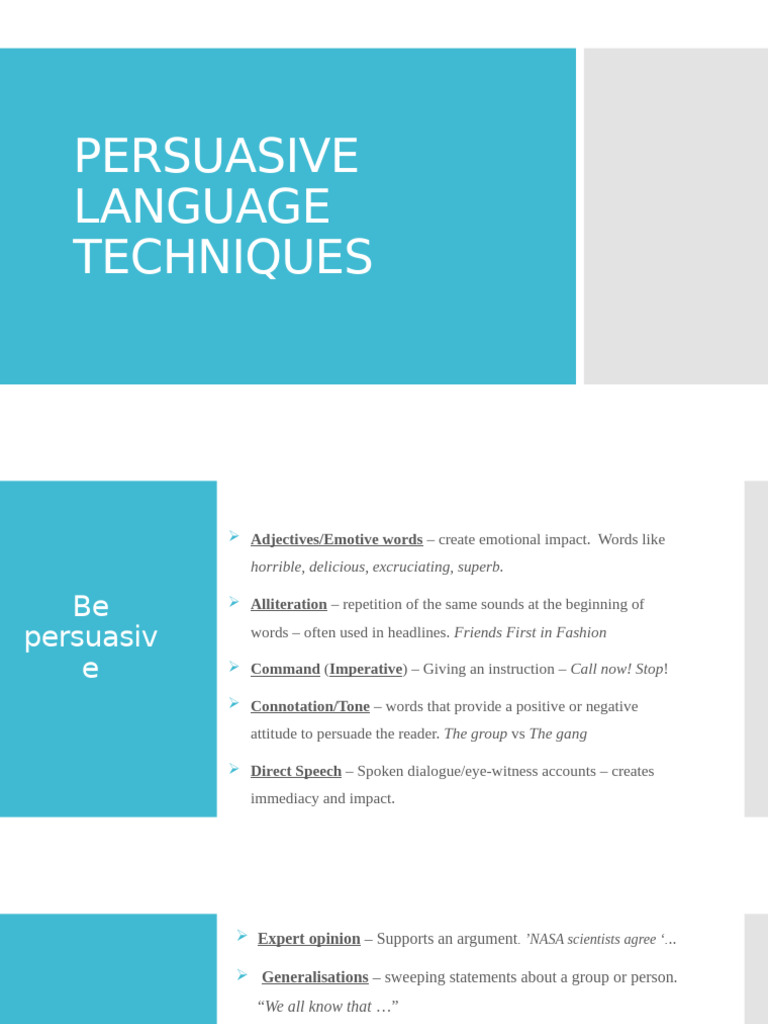 Persuasive Language Techniques Overview | PDF | Persuasion | Linguistics