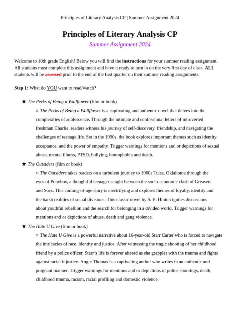 2024-2025 English 10 CP Summer Reading Assignment | PDF