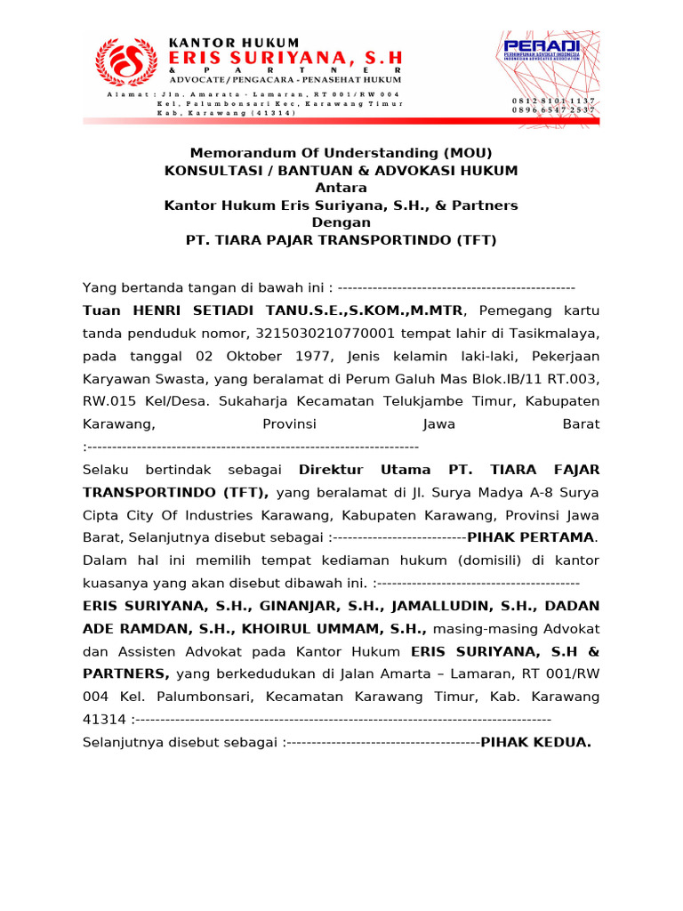 MOU Konsultasi Hukum PT TFT | PDF