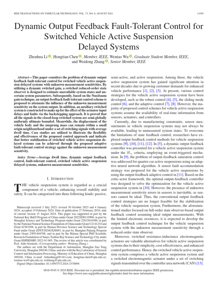 Dynamic Output Feedback Fault-Tolerant Control For Switched Vehicle Active Suspension Delayed ...