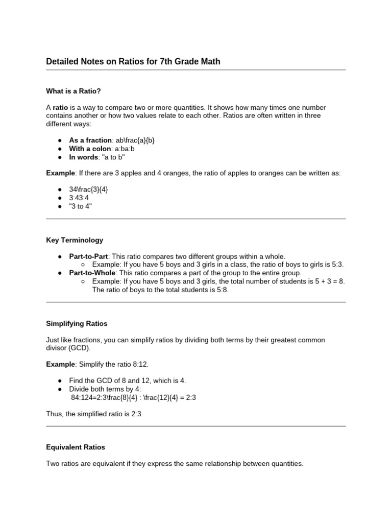Detailed Notes On Ratios For 7th Grade Math | PDF | Ratio | Arithmetic