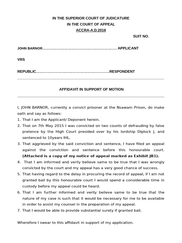 Affidavit in Support-Bail Pending Appeal | PDF
