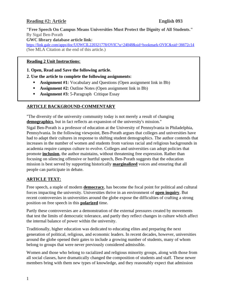 2a. Article 2 Free Speech..protect Dignity Text | PDF | University ...