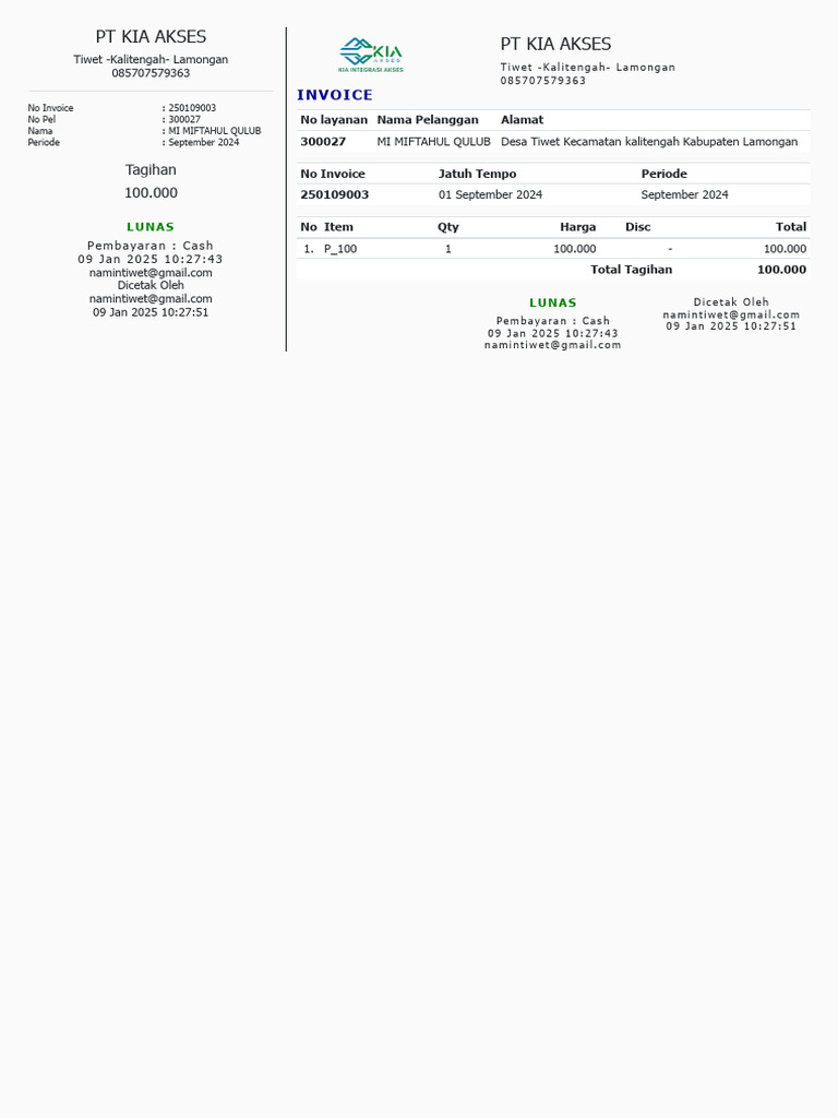Invoice Dot Matrix - 250109003 A - N MI MIFTAHUL QULUB Periode ...
