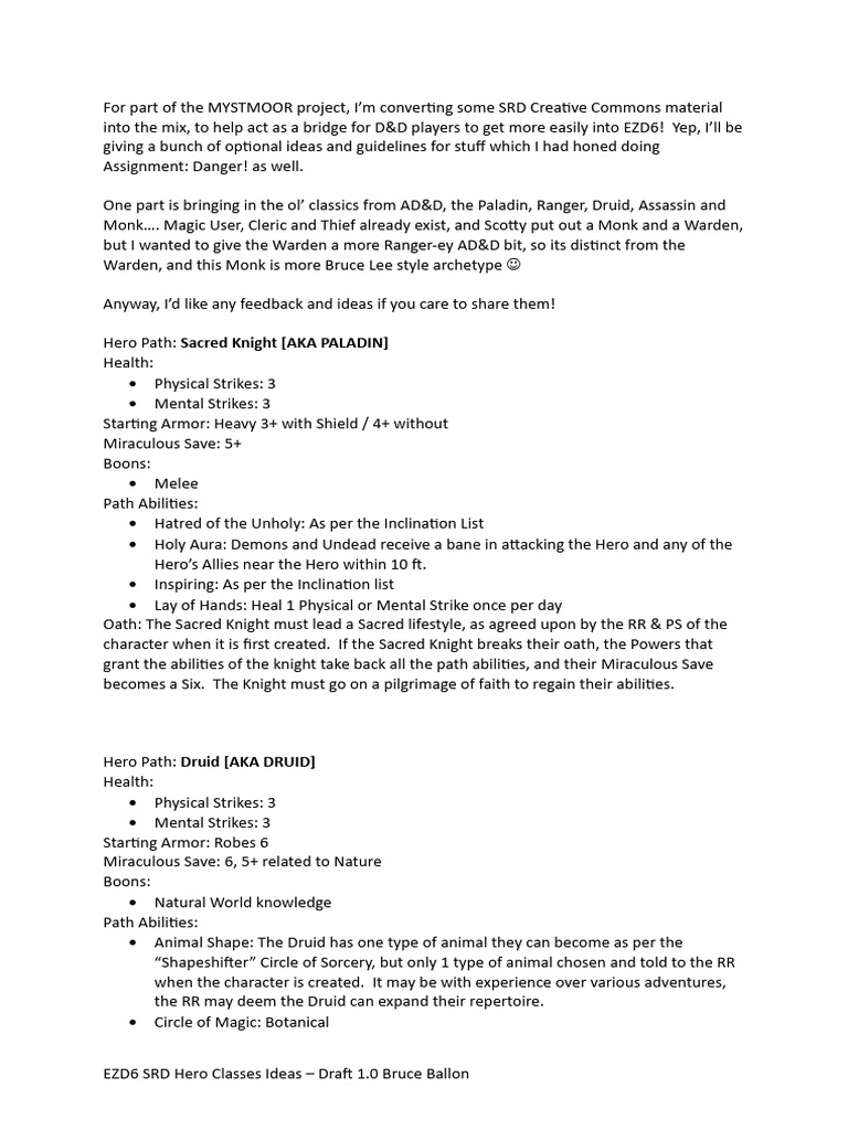 EZD6 Hero Classes Overview | PDF