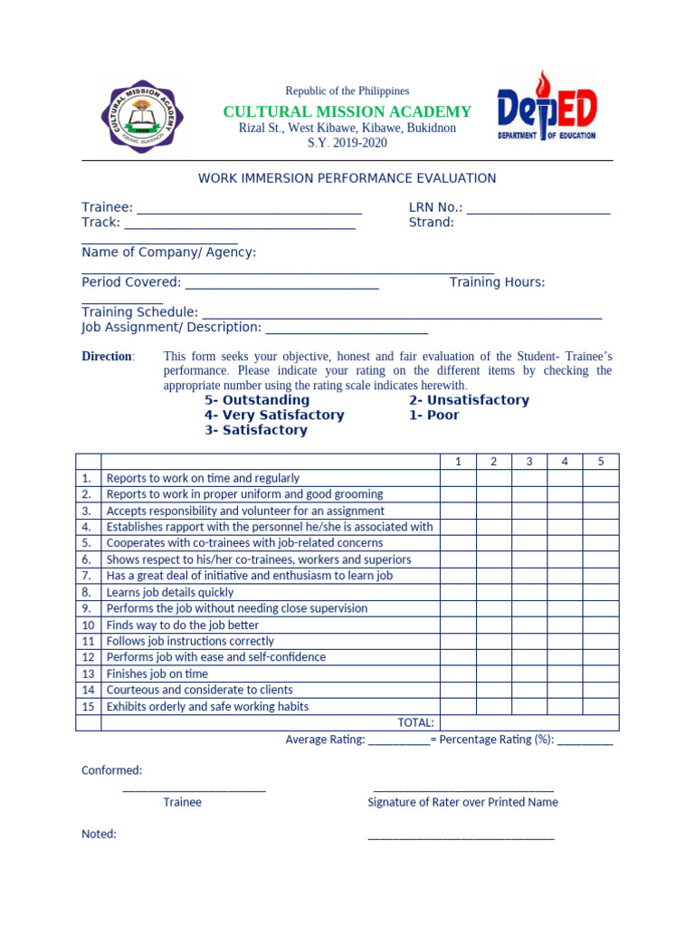 WORK IMMERSION EVALUATION FORMAT | PDF