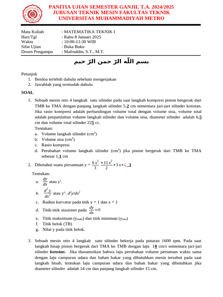 Soal Uas Matematika Teknik I Ganjil 2024-2025 | PDF
