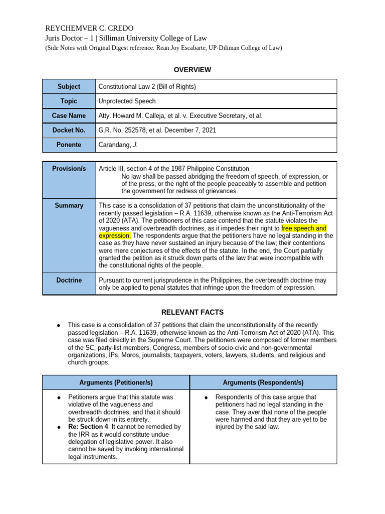 Calleja v. Executive Secretary Case Summary | PDF | Overbreadth ...