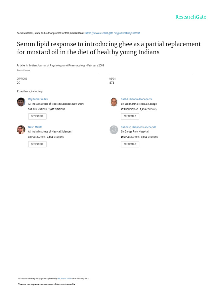 Serum Lipid Response To Introducing Ghee As A Partial Replacement For Mustard Oil in The Diet of ...