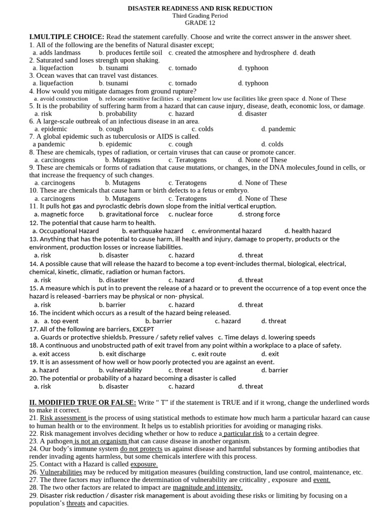Disaster Readiness and Risk Assessment Quiz | PDF | Hazards | Natural ...