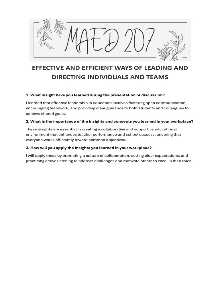 Effective and Efficient Ways of Leading and Directing Individuals and ...