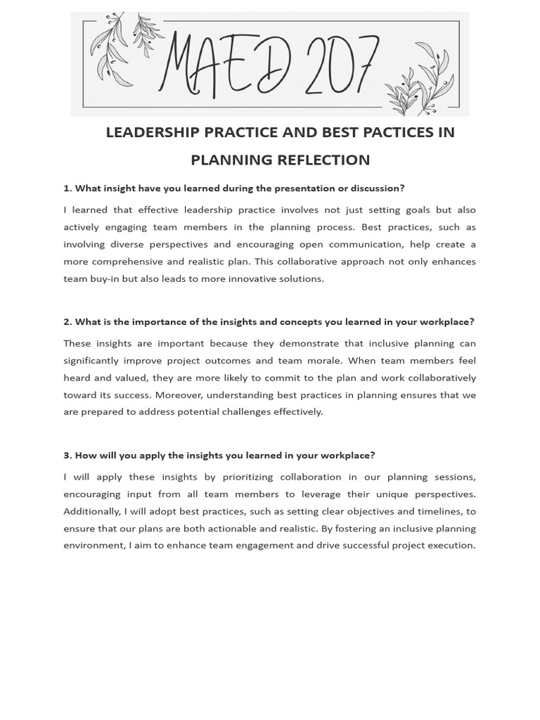Leadership Practice and Best Pactices in Planning Reflection | PDF
