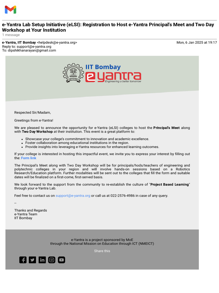 Gmail - E-Yantra Lab Setup Initiative (eLSI) - Registration To Host E ...