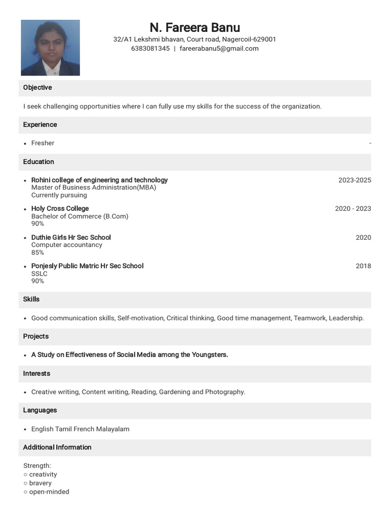 MBA Fresher Resume of N. Fareera Banu | PDF