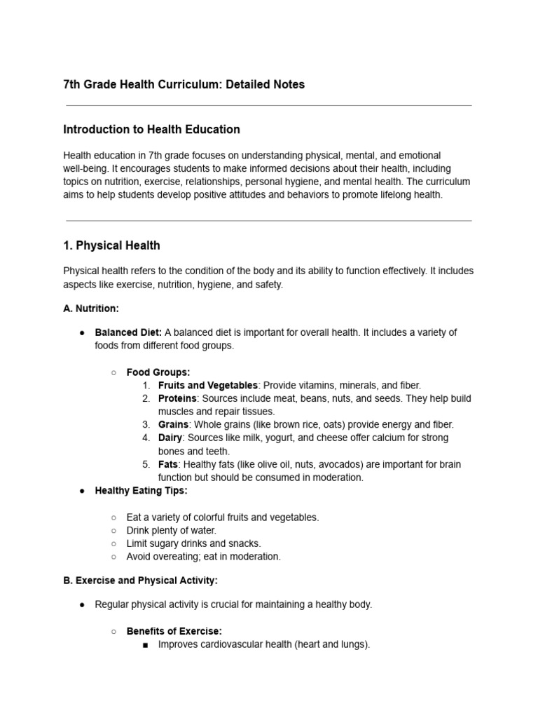 7th Grade Health Curriculum_ Detailed Notes | PDF | Healthy Diet | Foods