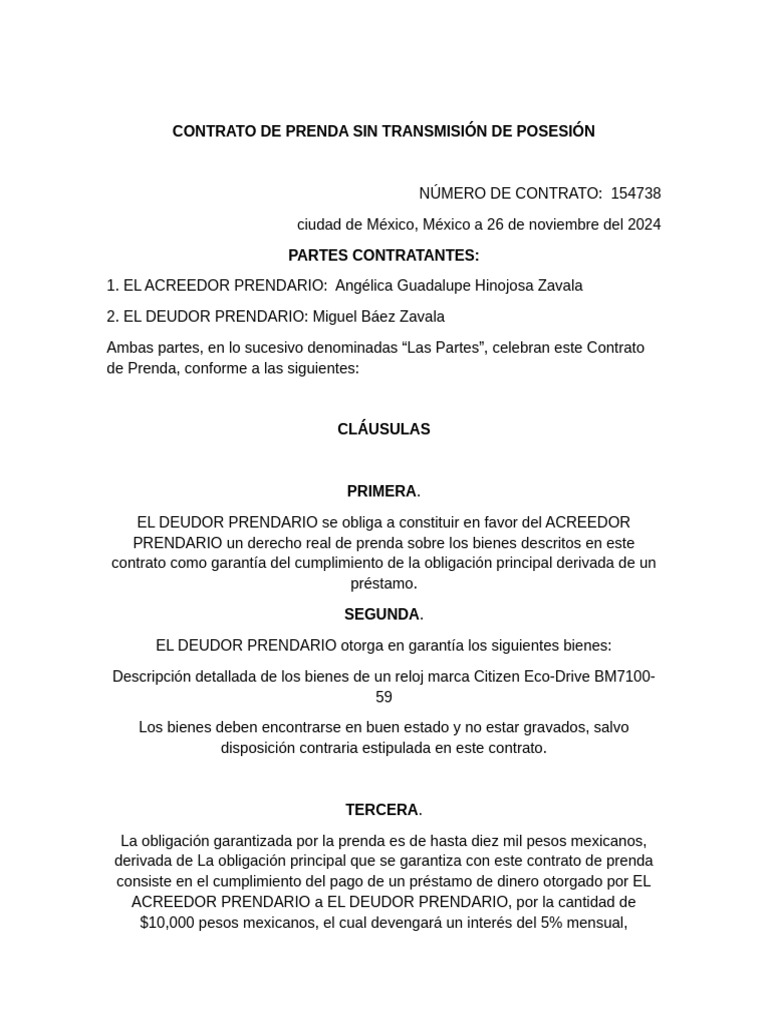 Contrato de Prenda Sin Posesión | PDF | Pagos | Derecho privado