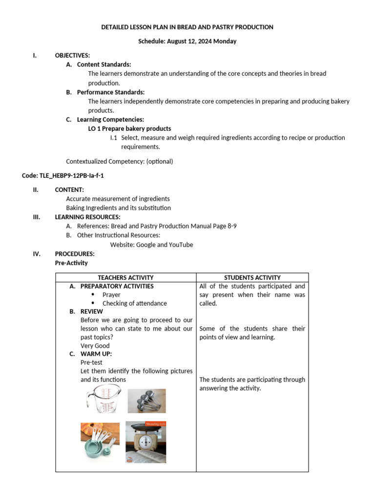 Grade 11 Bread and Pastry Lesson Plan | PDF | Lesson Plan | Baking