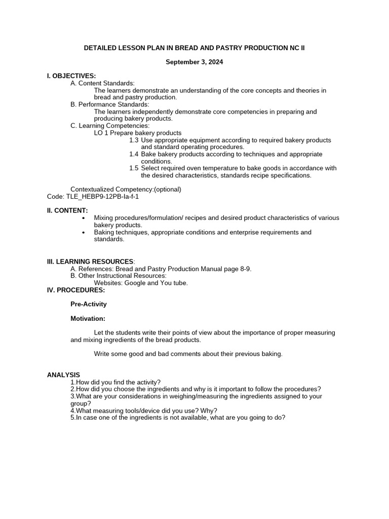 DETAILED LESSON PLAN IN BREAD AND PASTRY PRODUCTION NC I1 September 3 ...