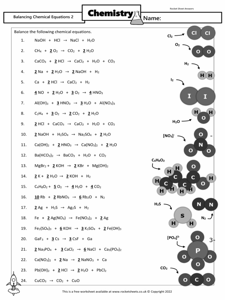 C1 Balancing Chemical Equations (Medium) Answers (Rocket Sheets) | PDF