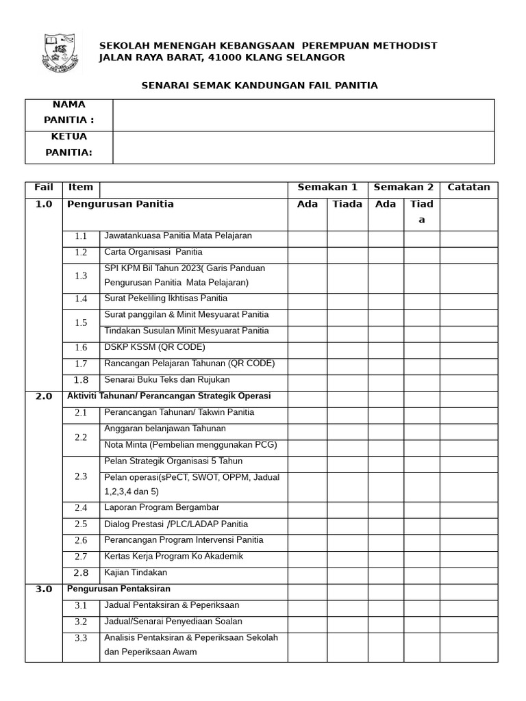 Senarai Semak Kandungan Fail Panitia 2025 | PDF