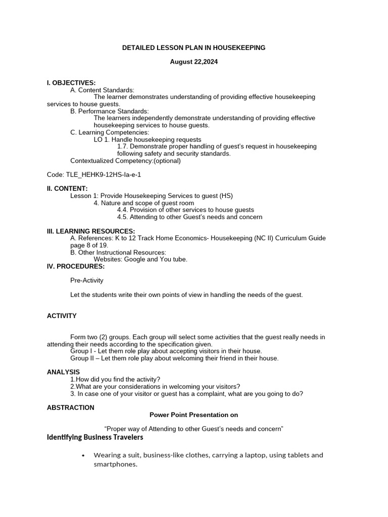 Housekeeping Lesson Plan for Guests | PDF | Lesson Plan