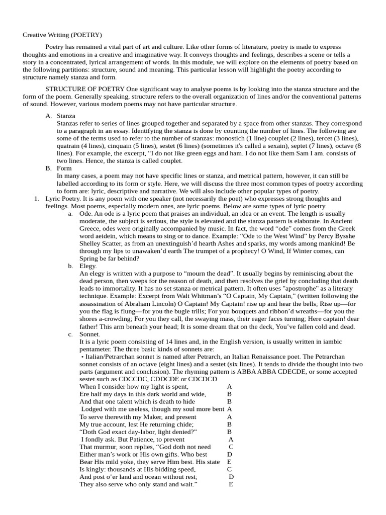 poetry Creative Writing | PDF | Poetry | Sonnets