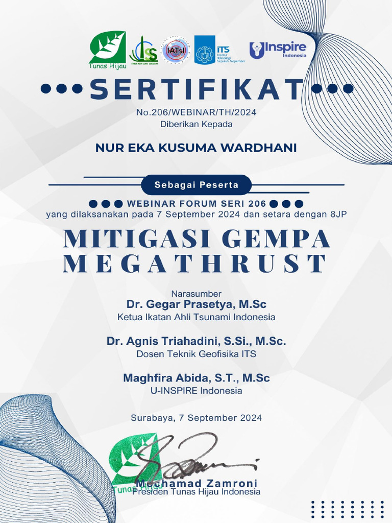 Piagam Webinar 206 Mitigasi Gempa Megathrust - NUR EKA KUSUMA WARDHANI 2 | PDF