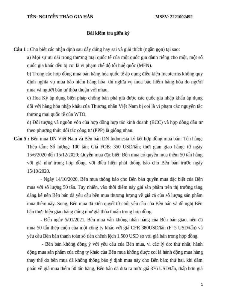 Bài kiểm tra giữa kỳ LUẬT TMQT | PDF