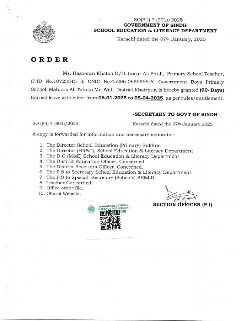 Order To Grant of 90 Days Earned Leave in Respect of Ms Hazooran Khaton Do Jinsar Ali Phull, PST ...