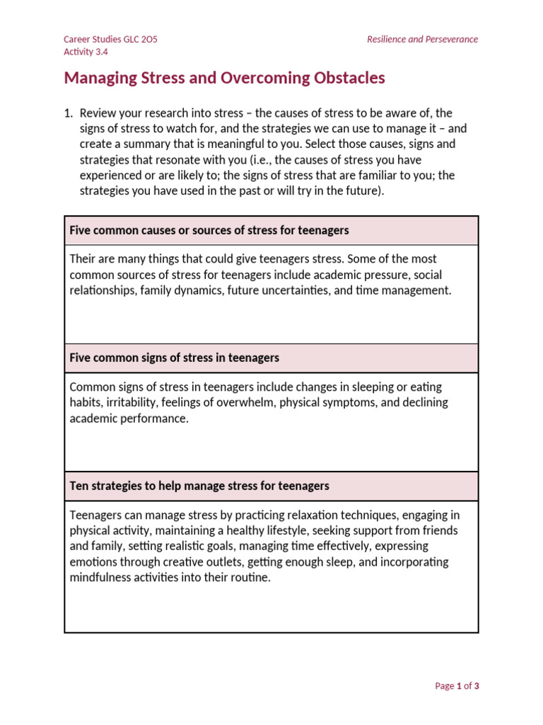 3.4 Managing Stress Overcoming Obstacles | PDF | Psychological ...