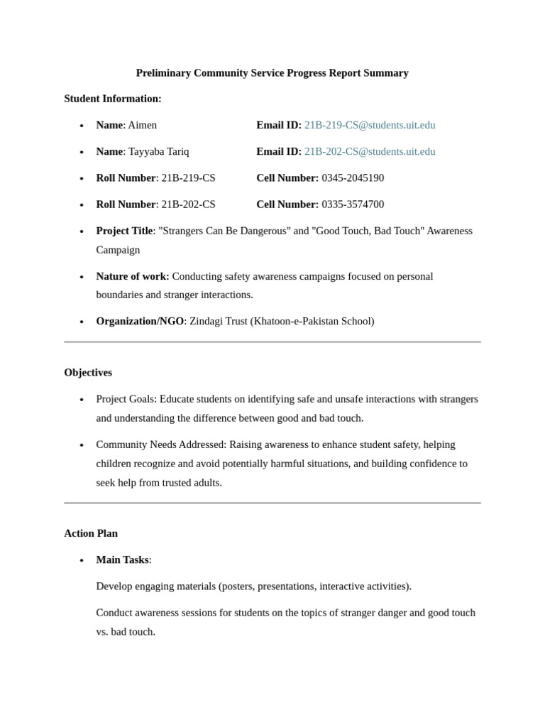 Preliminary Community Service Progress Report Form | PDF