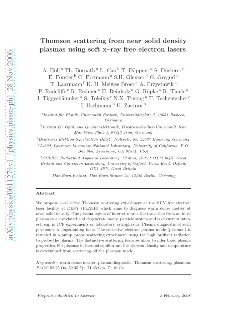 Thomson Scattering in Warm Dense Plasmas | PDF | Plasma (Physics) | Plasmon