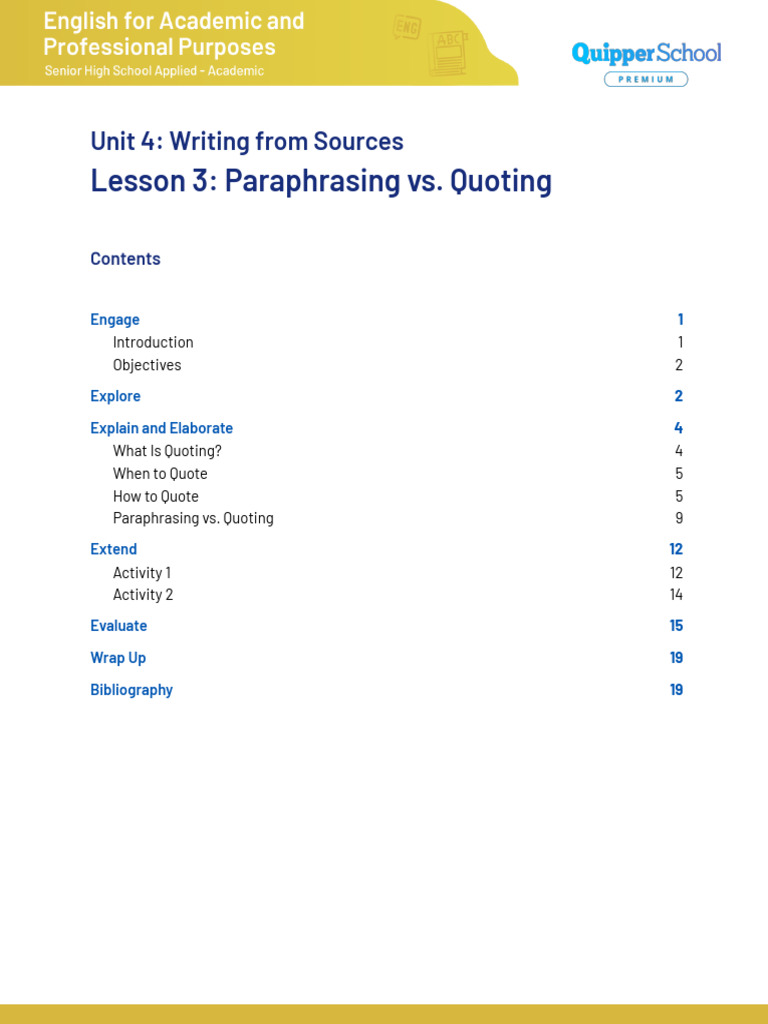 UNIT 4 - LESSON 3 - Paraphrasing vs. Quoting | PDF
