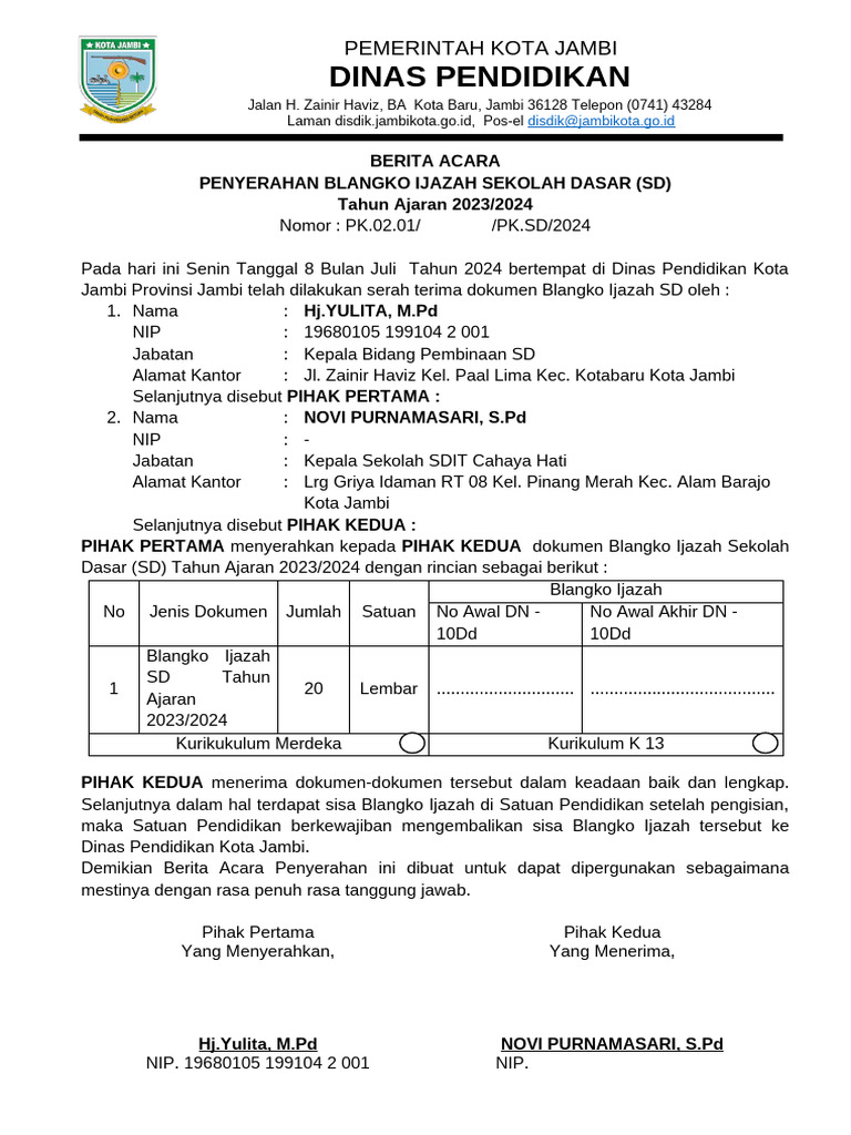 BA Penyerahan Blangko Ijazah 2023 - 2024 | PDF