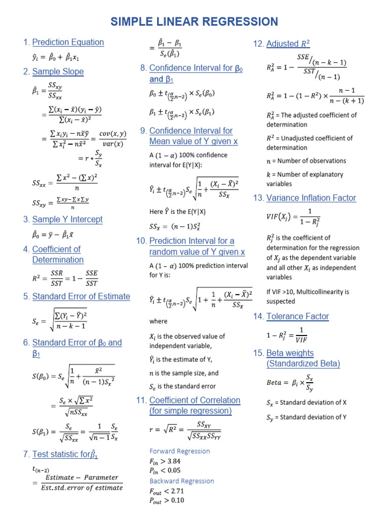 Formula Sheet Regression Pdf Errors And Residuals Linear Regression