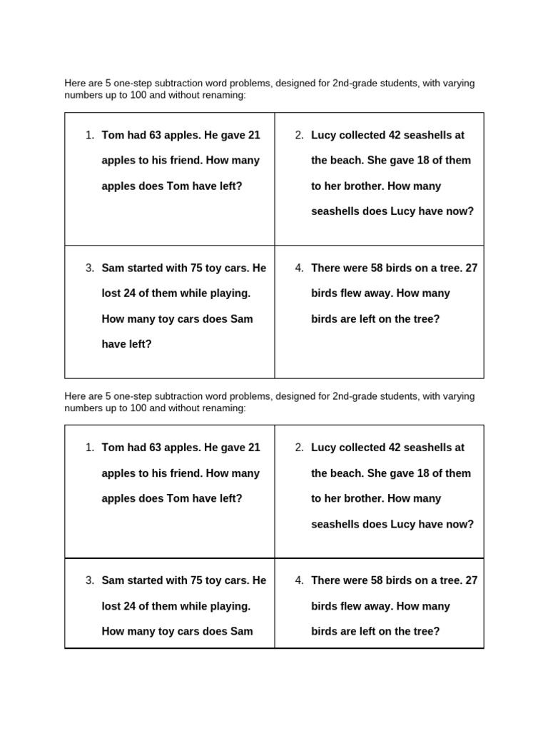 One-Step Subtraction To 100 Word Problems (Without Renaming) | PDF