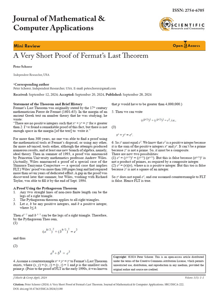 A Very Short Proof of Fermats Last Theorem | PDF | Fermat's Last ...