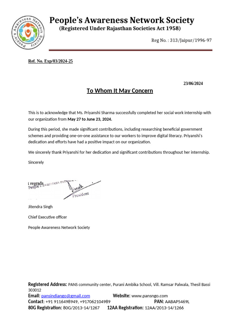 Internship Completion Acknowledgment Letter | PDF