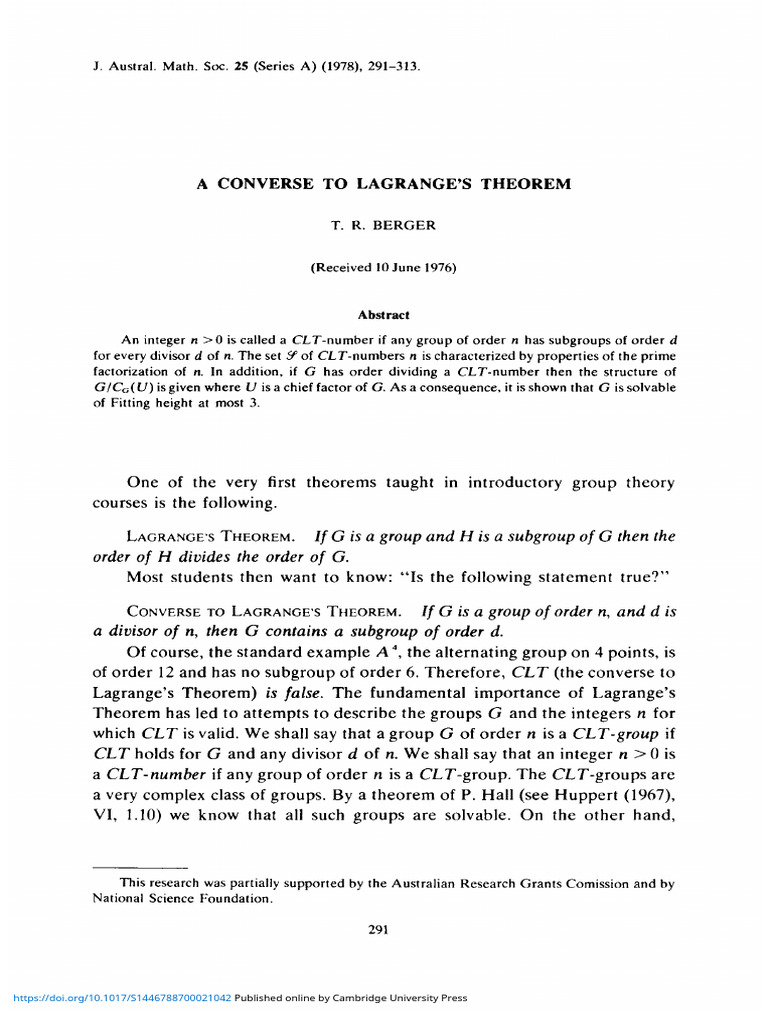A Converse To Lagranges Theorem | PDF | Mathematical Structures | Group Theory