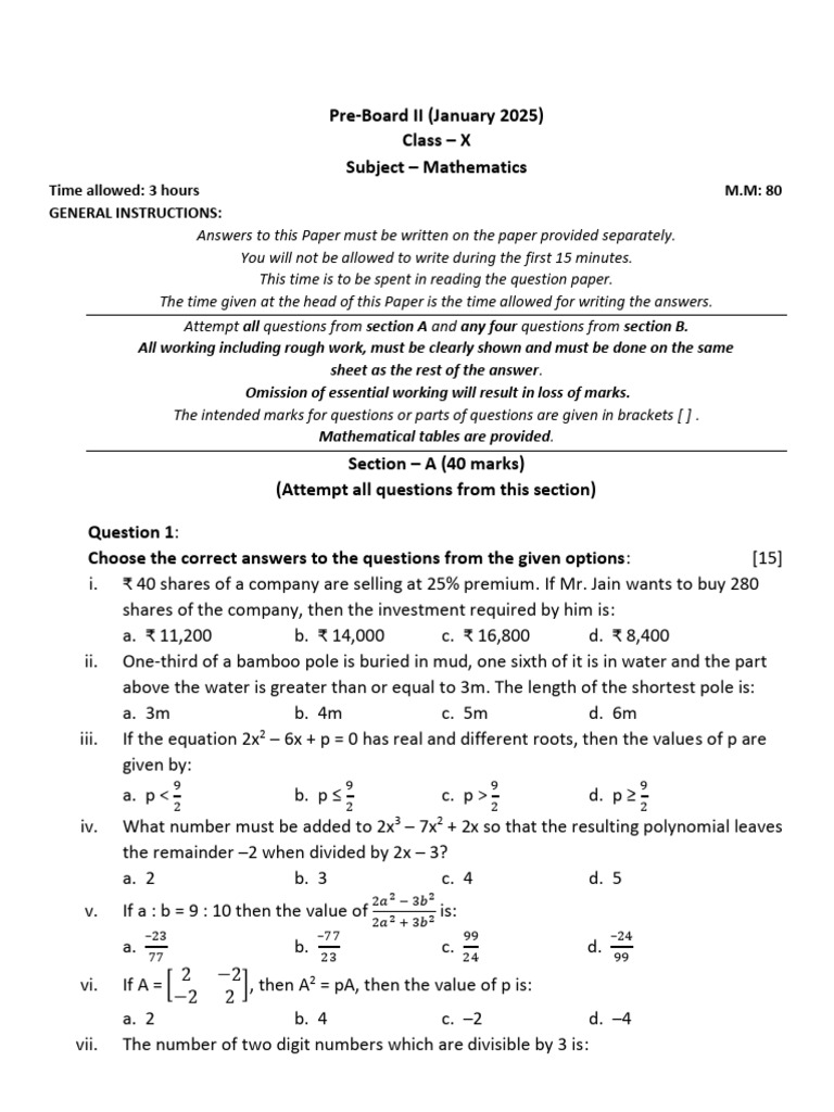 Class X, Pre Board II, Maths | PDF | Dividend | Sphere